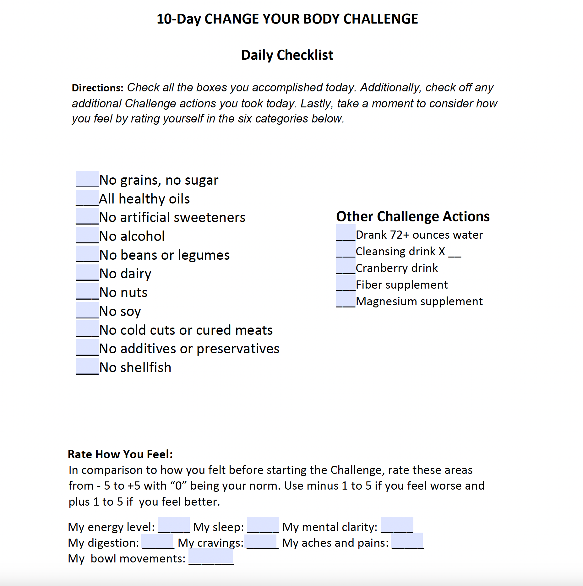 10 Day Challenge Worksheets – Eat Live Thrive Diet